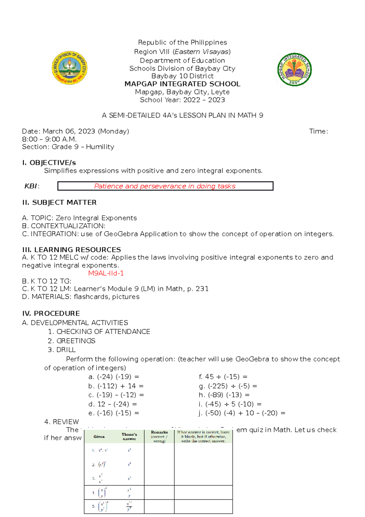 Math9 wk4 day1 - Lesson Plan in Mathematics 9 - Republic of the ...