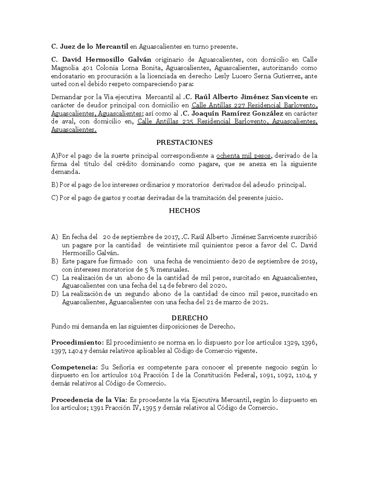 Demanda mercantil - C. Juez de lo Mercantil en Aguascalientes en turno ...