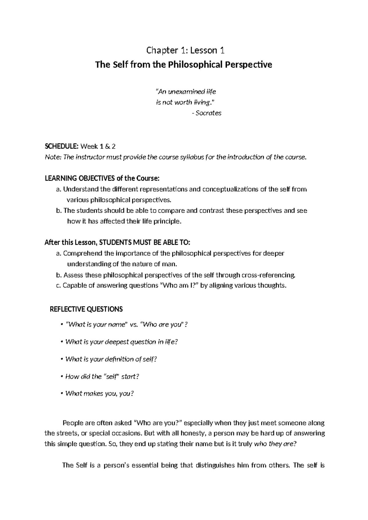 Lesson 1 Philosophical View of the Self - Chapter 1: Lesson 1 The Self ...