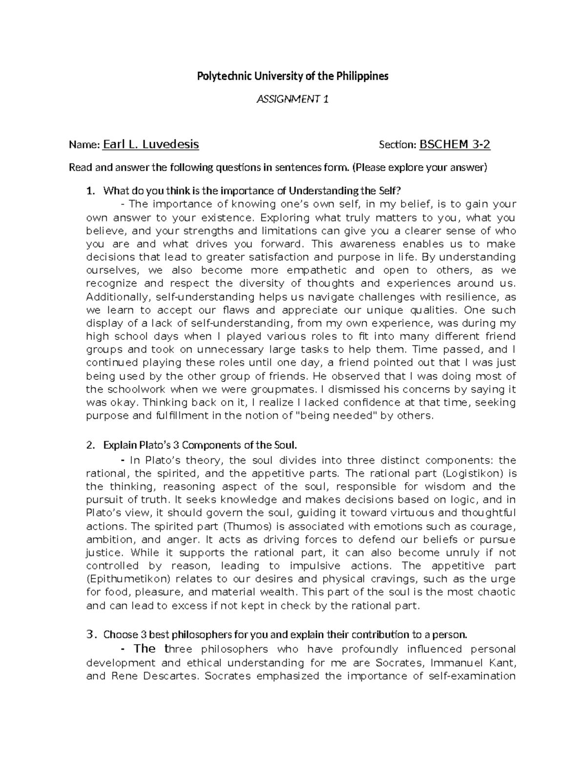 Understanding the Self - Assignment 1 - Polytechnic University of the ...