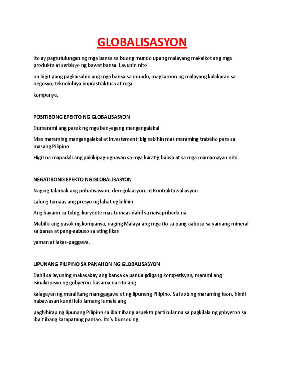 Globalisasyon - GLOBALISASYON Ito ay pagtutulungan ng mga bansa sa ...