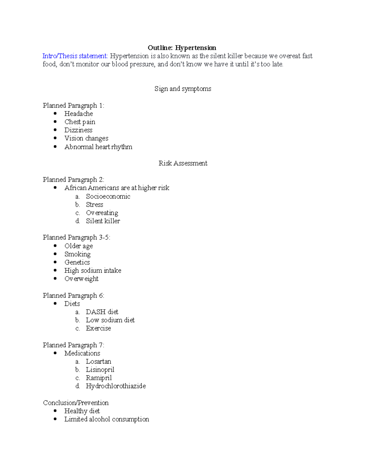 Hypertenion Outline - Outline: Hypertension Intro/Thesis statement ...