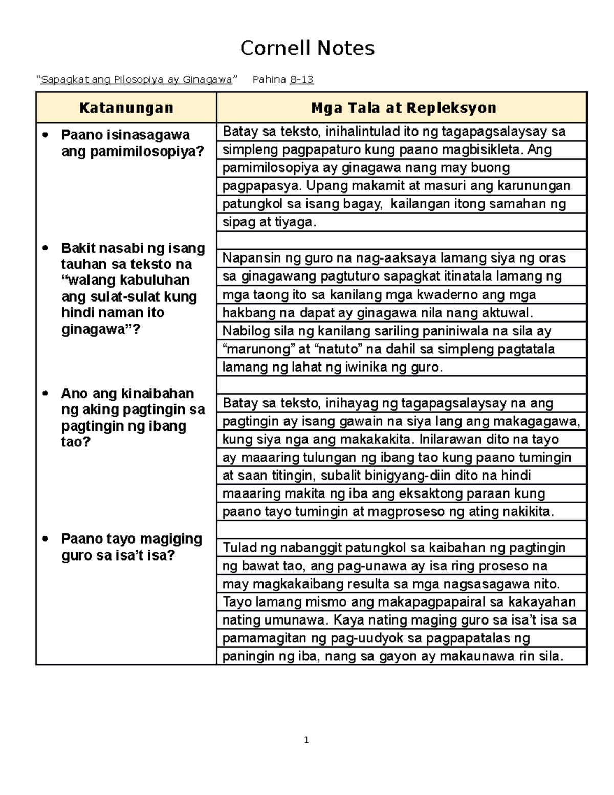 Cornell Notes sa Pagsasalin - Cornell Notes “Sapagkat ang Pilosopiya ay ...