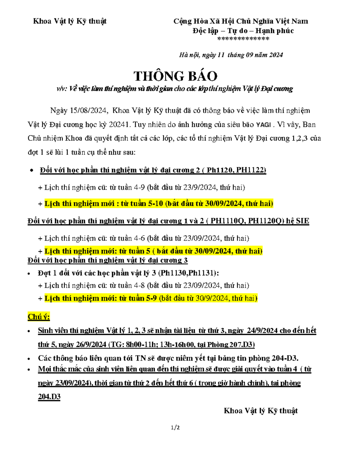Thong bao thay doi lich TN HK1 do bão YAGI - 1 / Khoa Vậ t lý Kỹ thuậ t ...