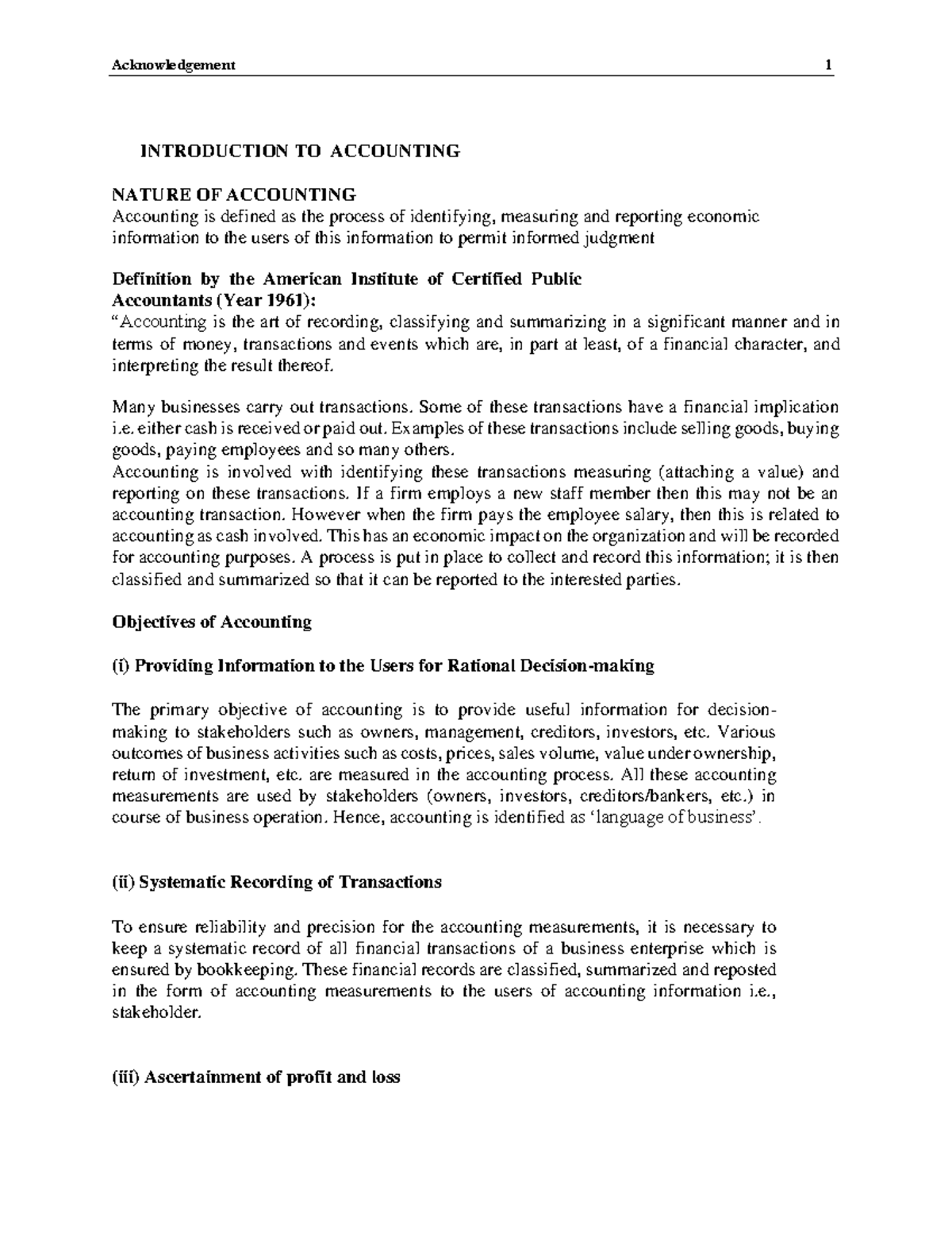 Accounting Notes bcom - Acknowledgement 1 INTRODUCTION TO ACCOUNTING ...