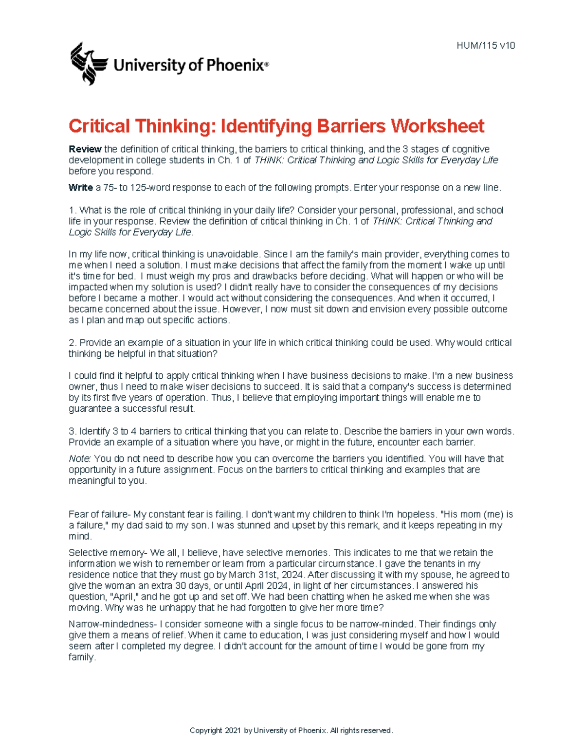 Hum115 v10 wk1 critical thinking identifying barriers worksheet - HUM ...