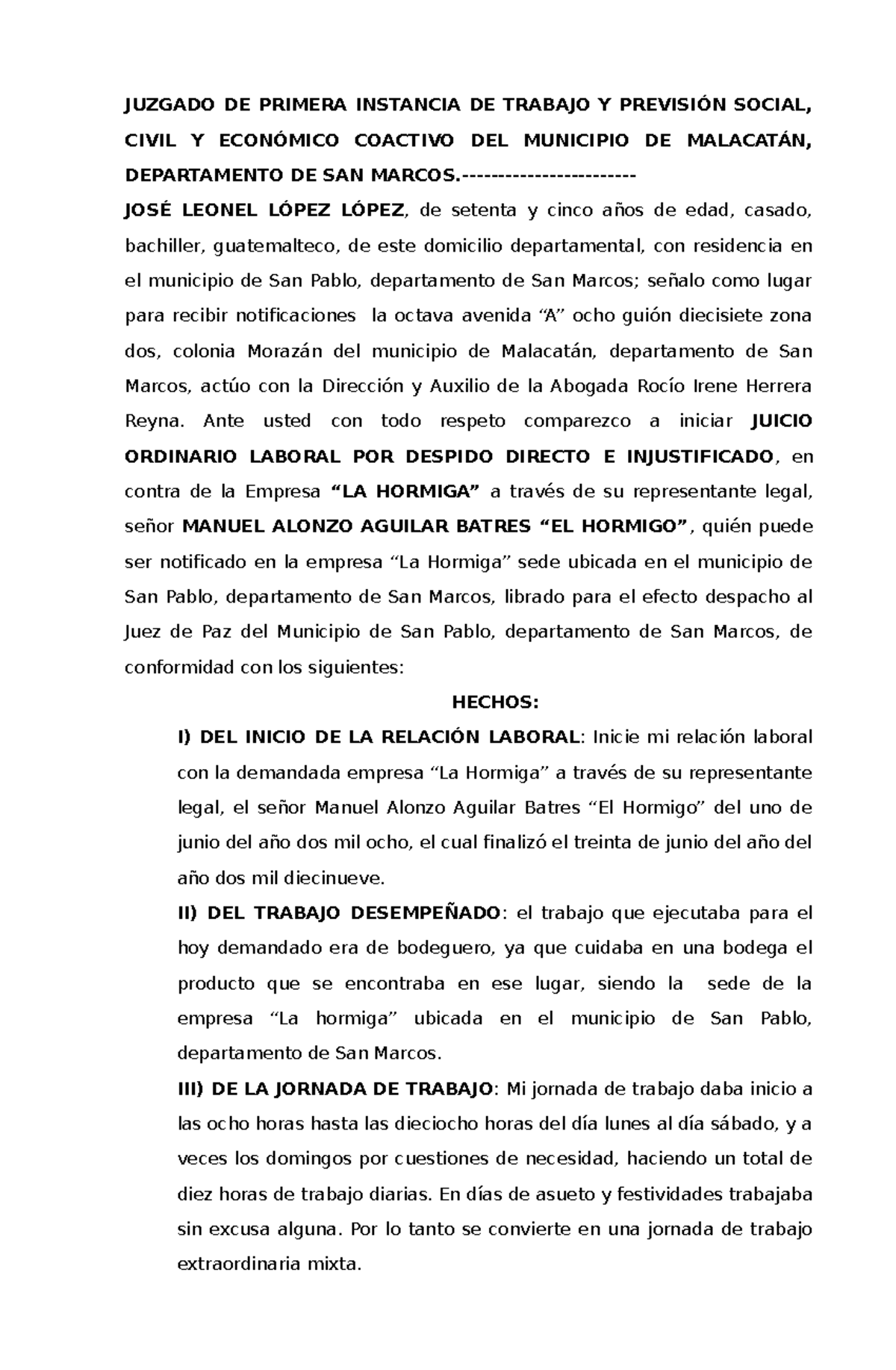 Demanda DE Despido Directo E Injustificado - JUZGADO DE PRIMERA ...