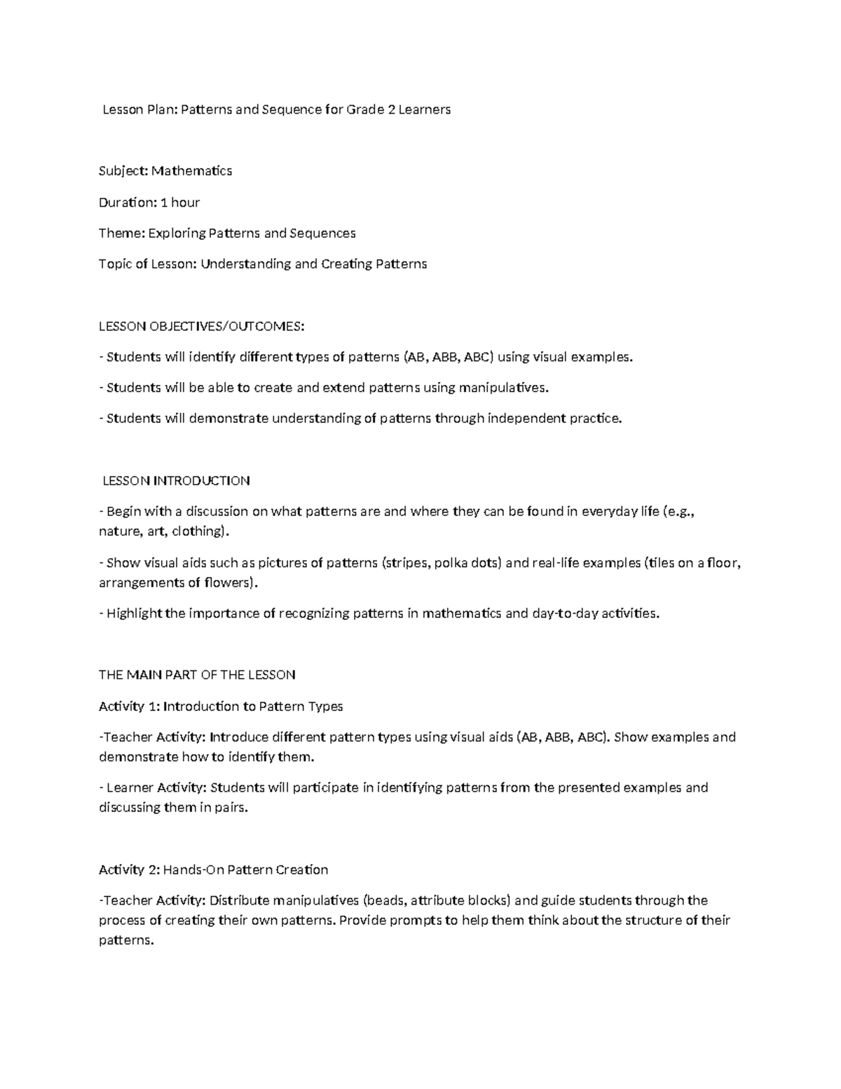 G3 lesson 15 - assignments - Lesson Plan: Patterns and Sequence for ...