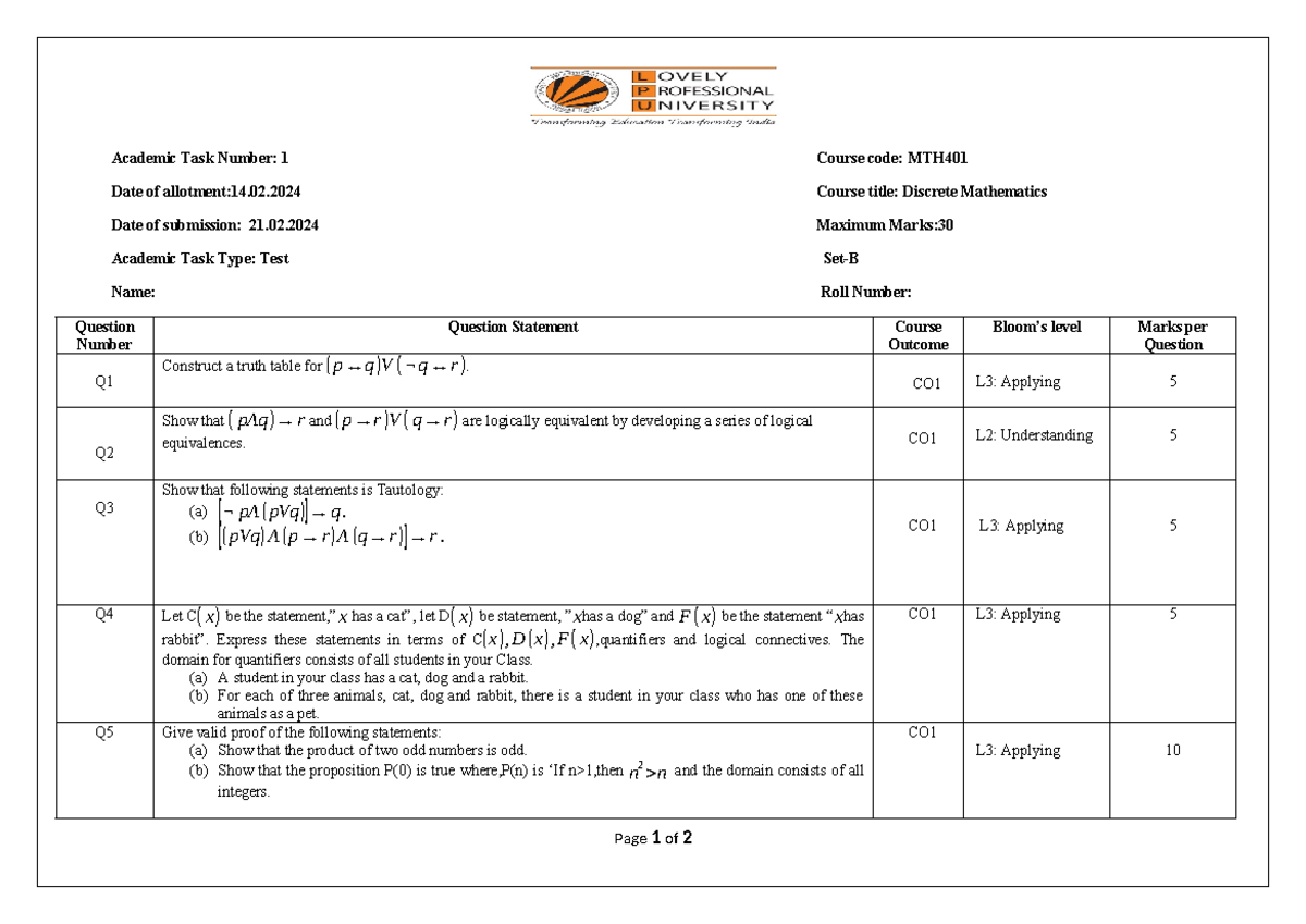 Set B - Academic Task Number: 1 Course code: MTH Date of allotment:14.02 Course title: Discrete ...