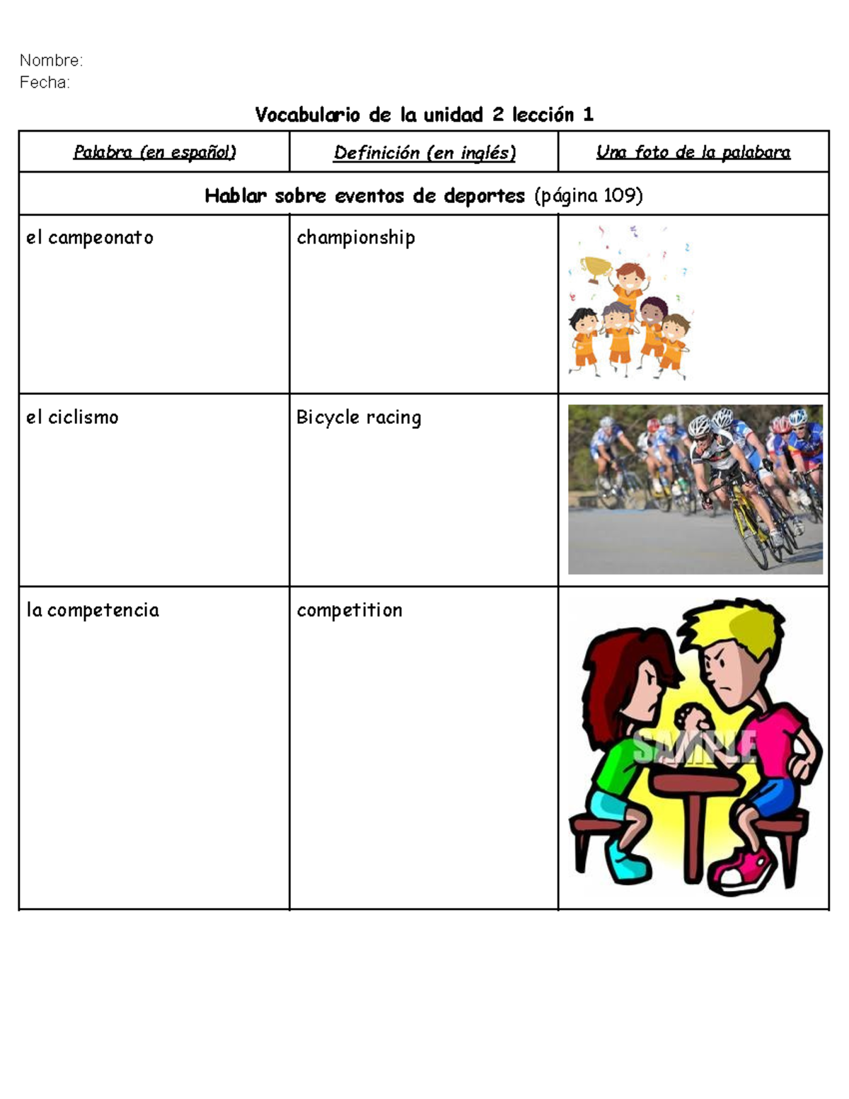 THS - SPAN 2 - Vocabulario U2L1 - Nombre: Fecha: Vocabulario de la ...