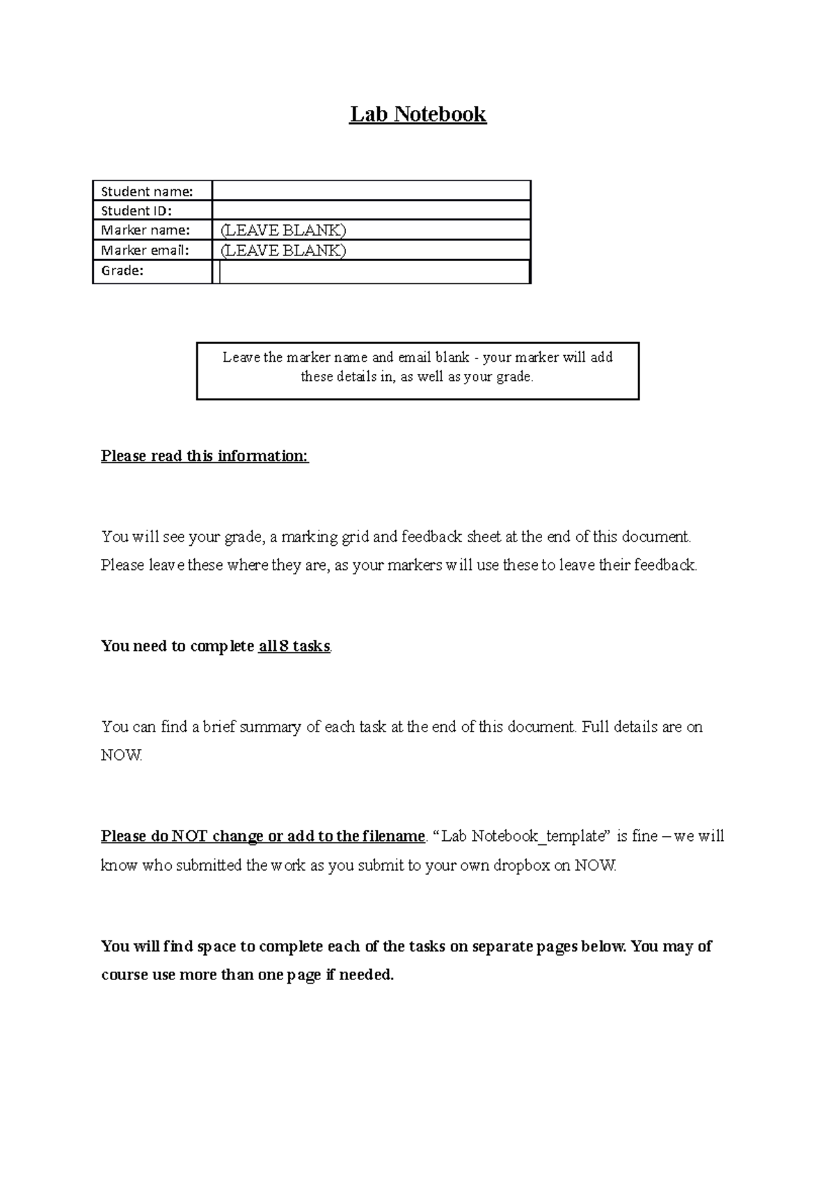 Lab Notebook template - Lab Notebook Student name: Student ID: Marker ...