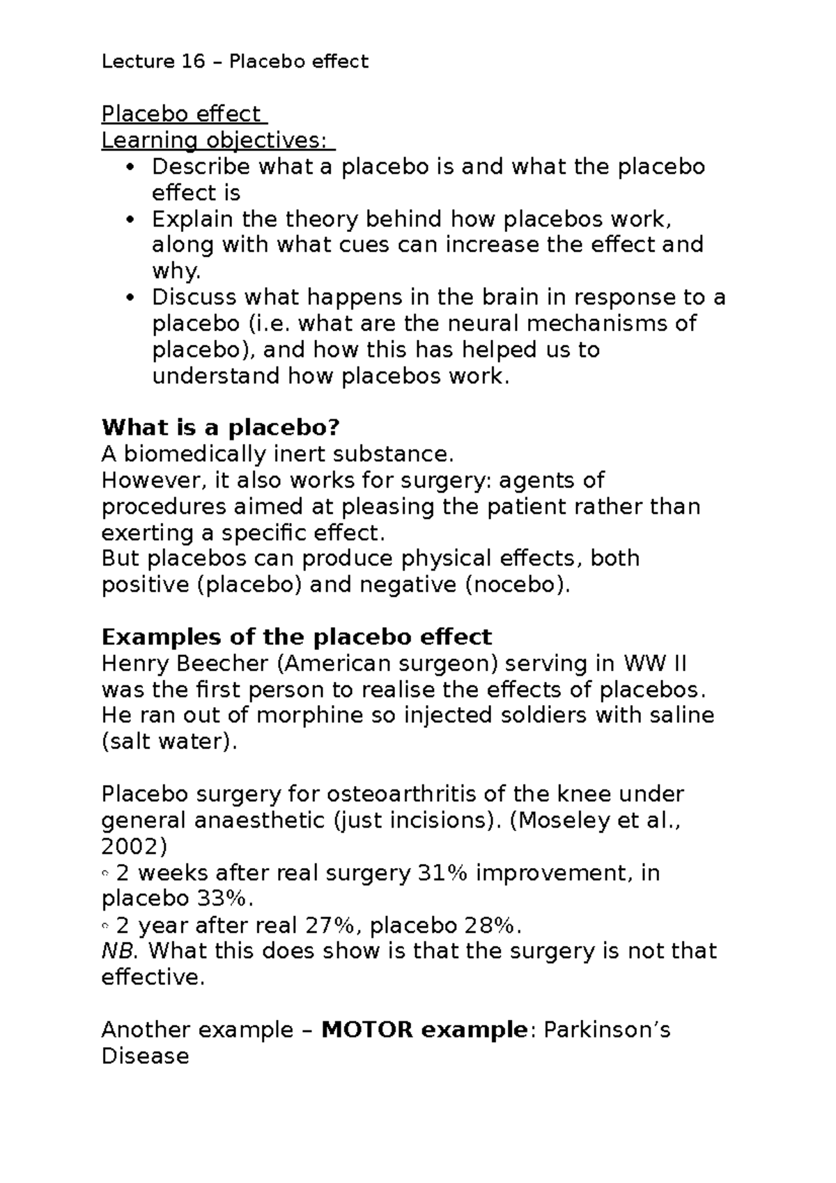 Lecture 16 - Placebo effect - Placebo effect Learning objectives ...