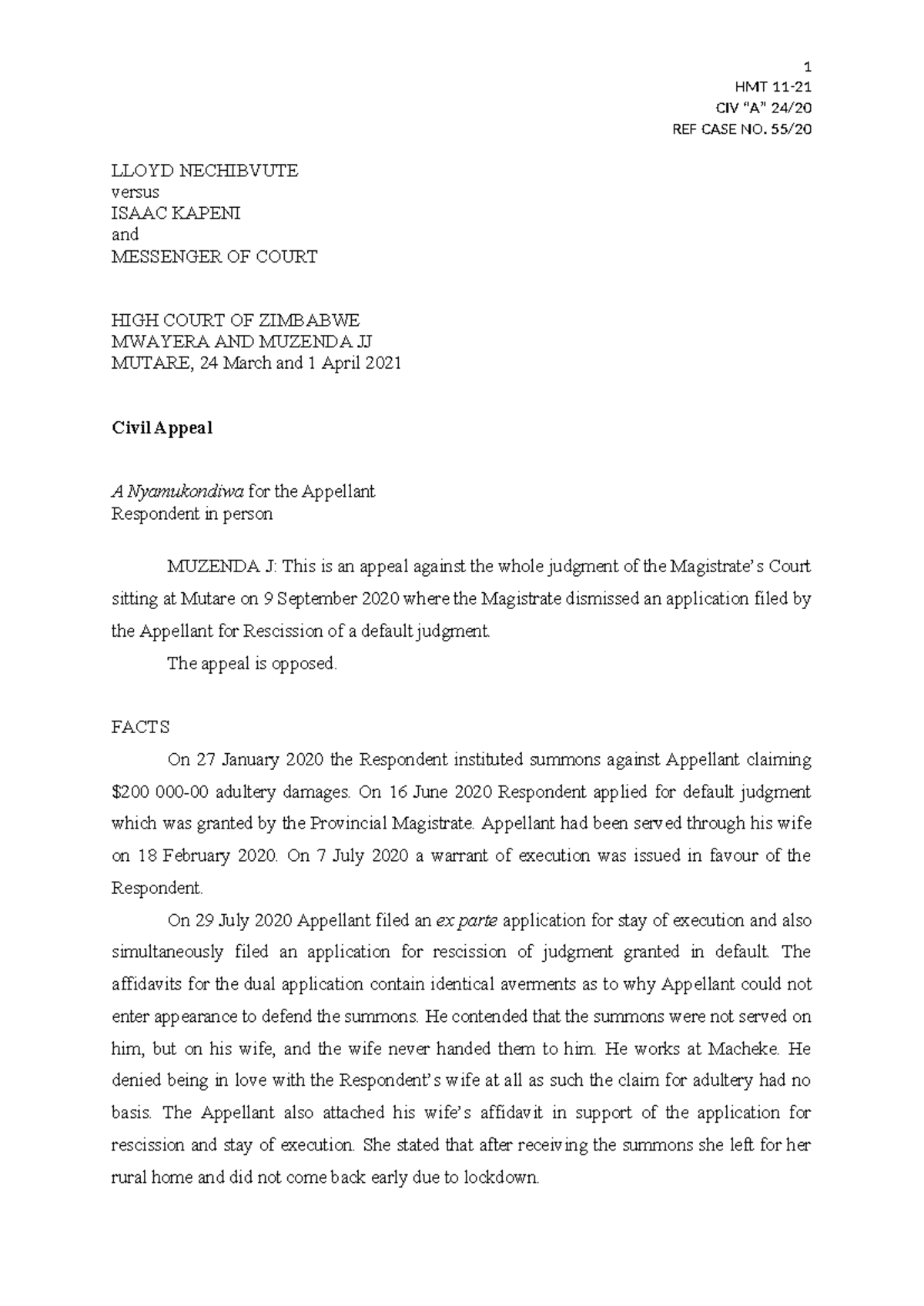 Nechibvute v Kapeni And Another (11 of 2021) 2021 Zwmthc 11 (1 April ...