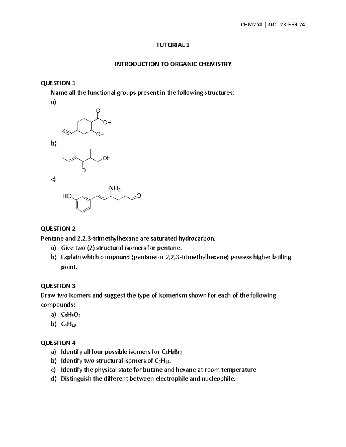 Tutorial 1 - Yes - TUTORIAL 1 INTRODUCTION TO ORGANIC CHEMISTRY ...