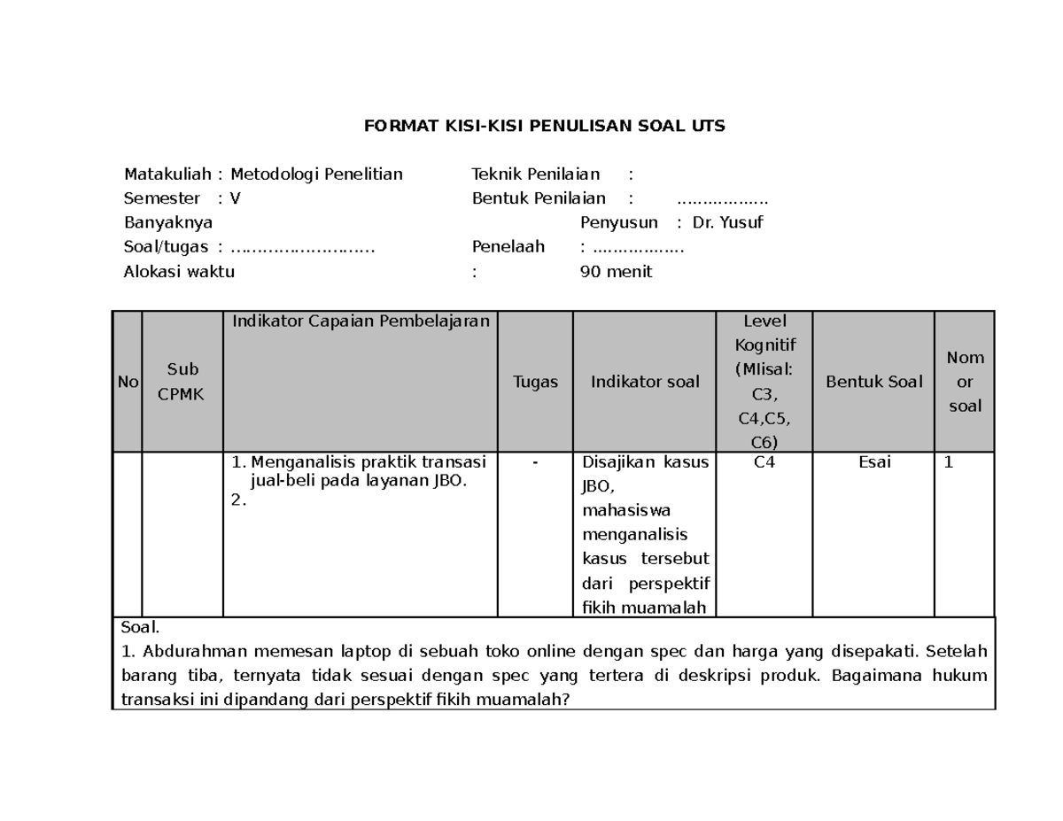 Rubrik Penilaian Latihan - FORMAT KISI-KISI PENULISAN SOAL UTS Matakuliah : Metodologi ...