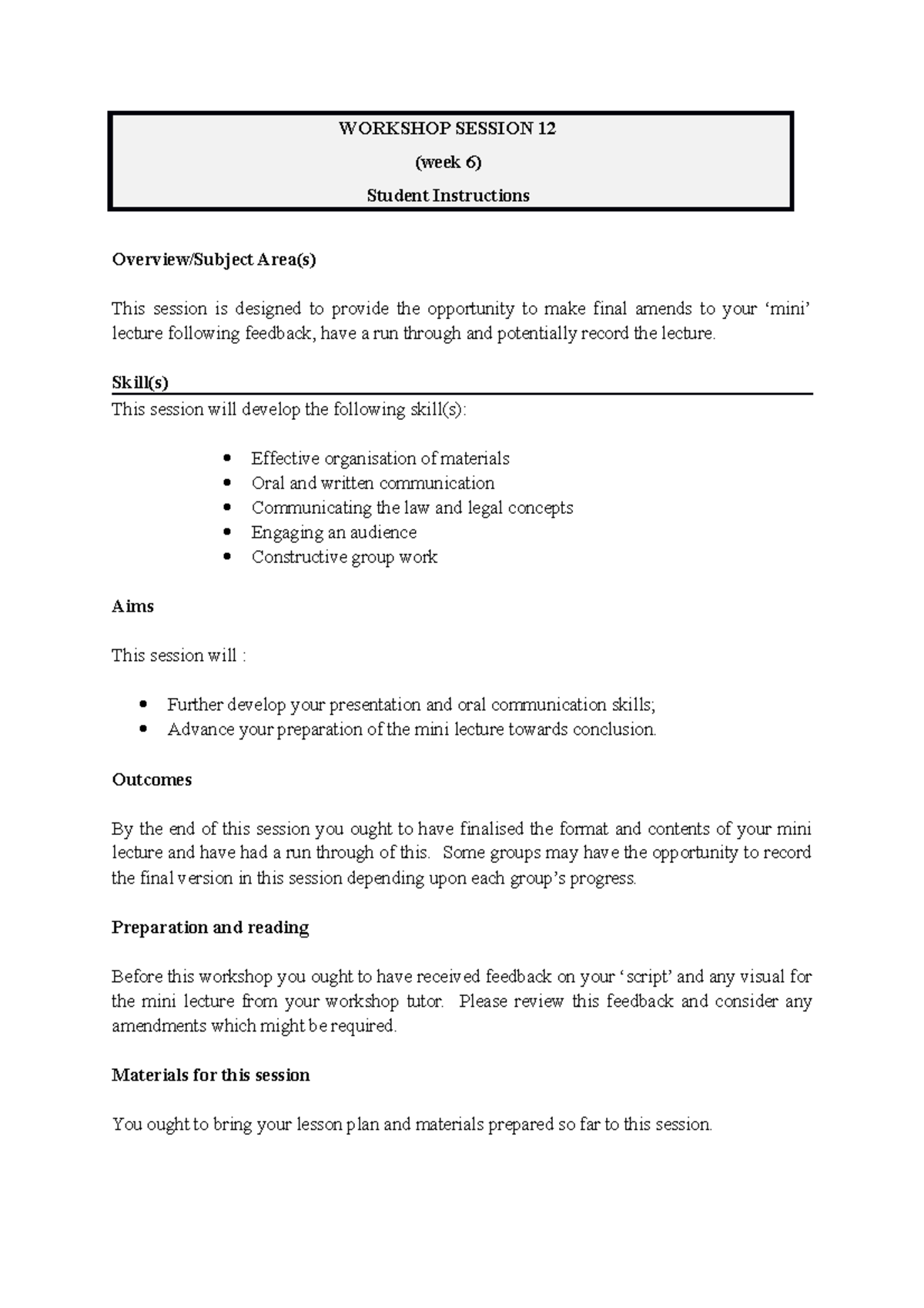 Workshop 12- student instructions - WORKSHOP SESSION 12 (week 6 ...