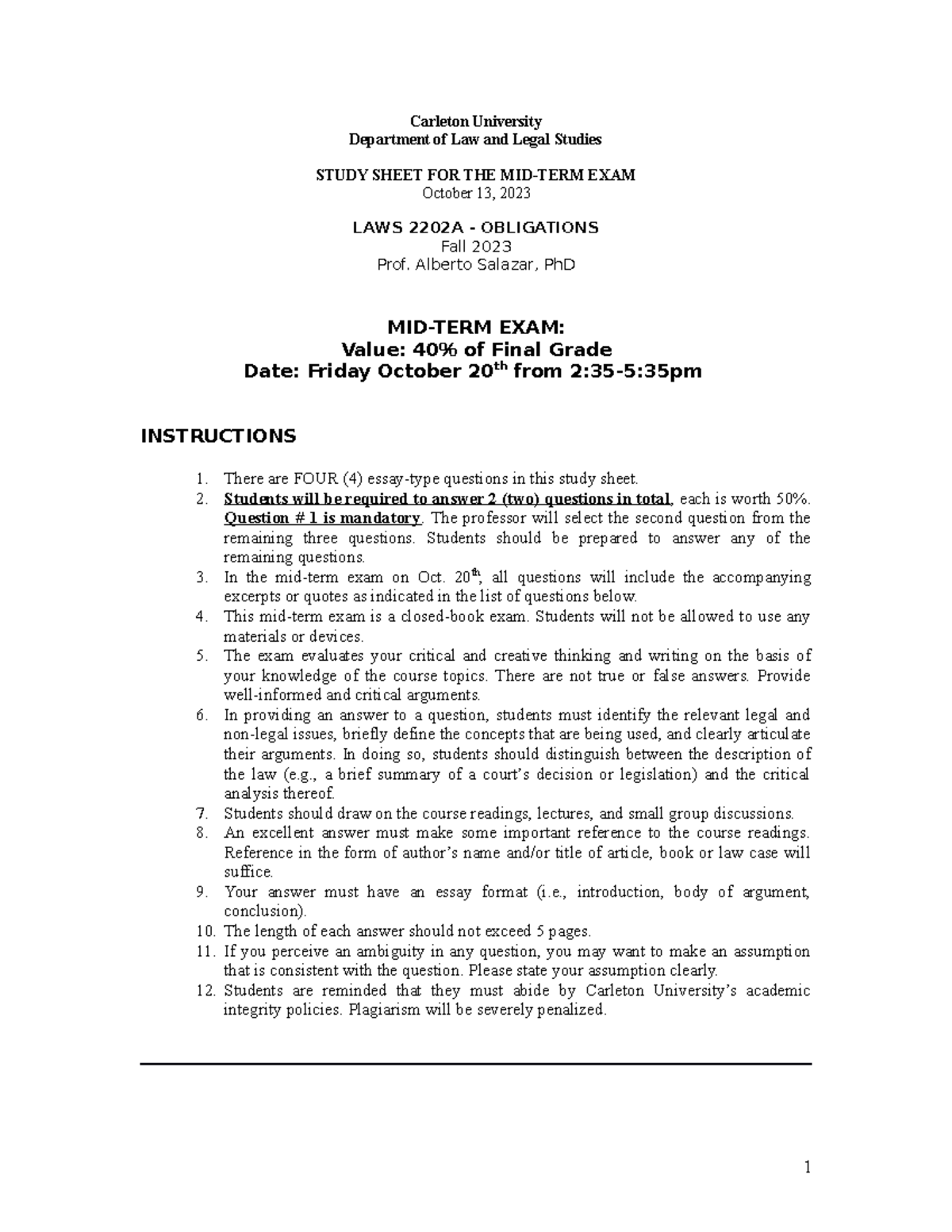 Updated Study Sheet MID TERM EXAM LAWS2202A Oct14 2023 - Carleton ...
