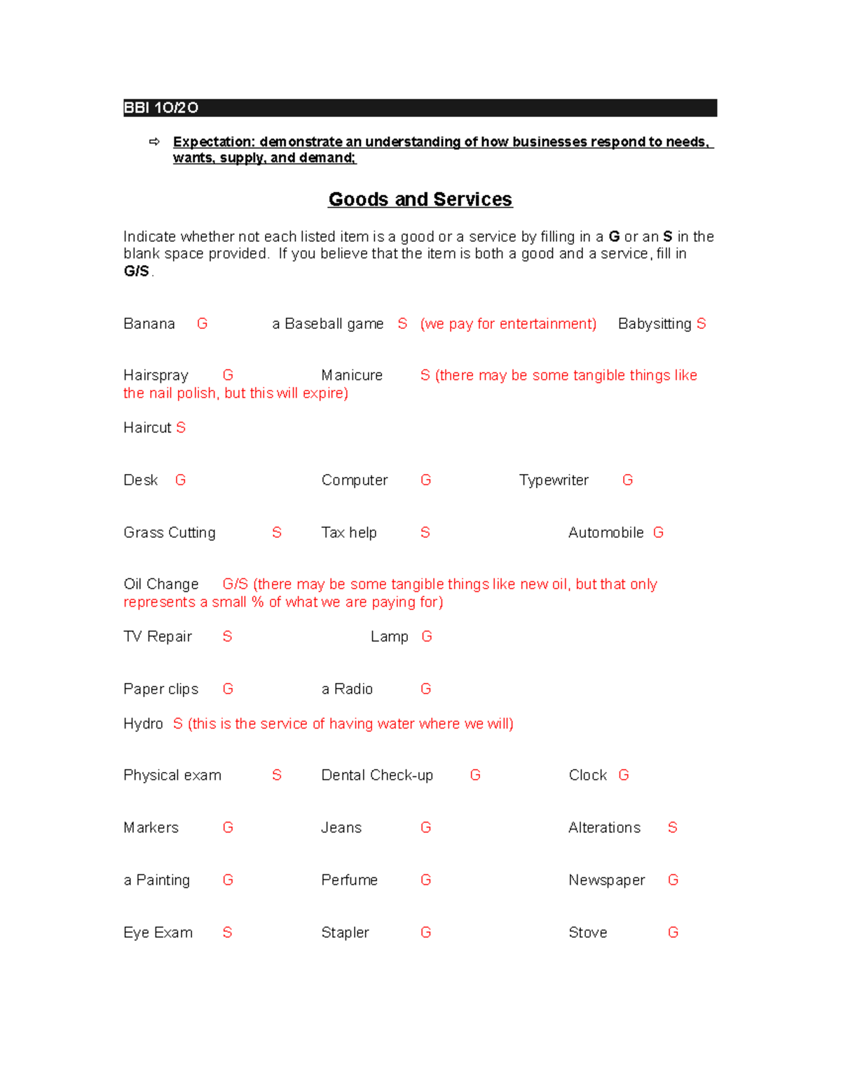Goods and services labelling Answers - BBI 1O/2O Expectation ...