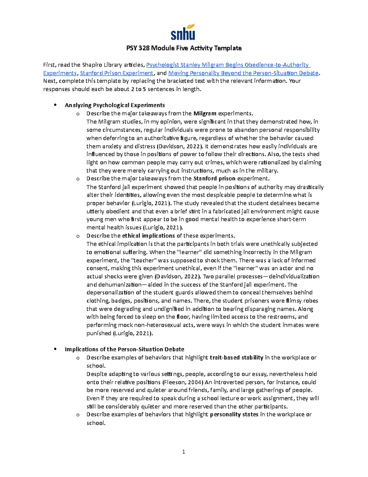 PSY 328 Module Five Activity Template - PSY 328 Module Five Activity Template First, read the ...