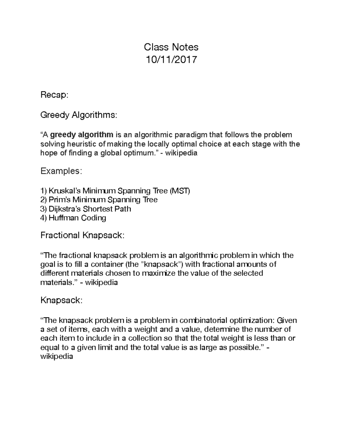 Daa Notes Class Notes 1011 Recap Greedy Algorithms A Greedy Algorithm Is An Algorithmic