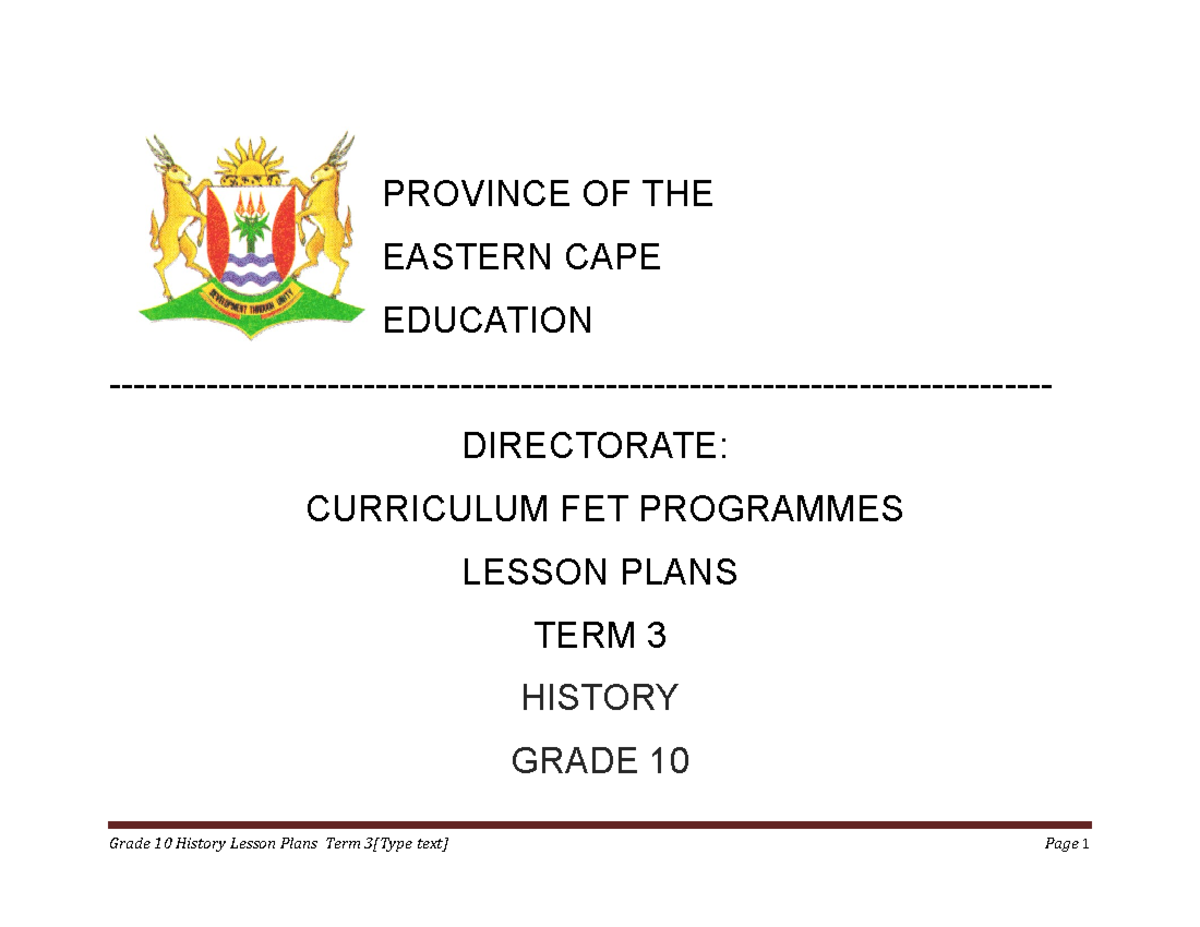 Lesson Plan Term 3 Grade 10 A PROVINCE OF THE EASTERN CAPE EDUCATION 