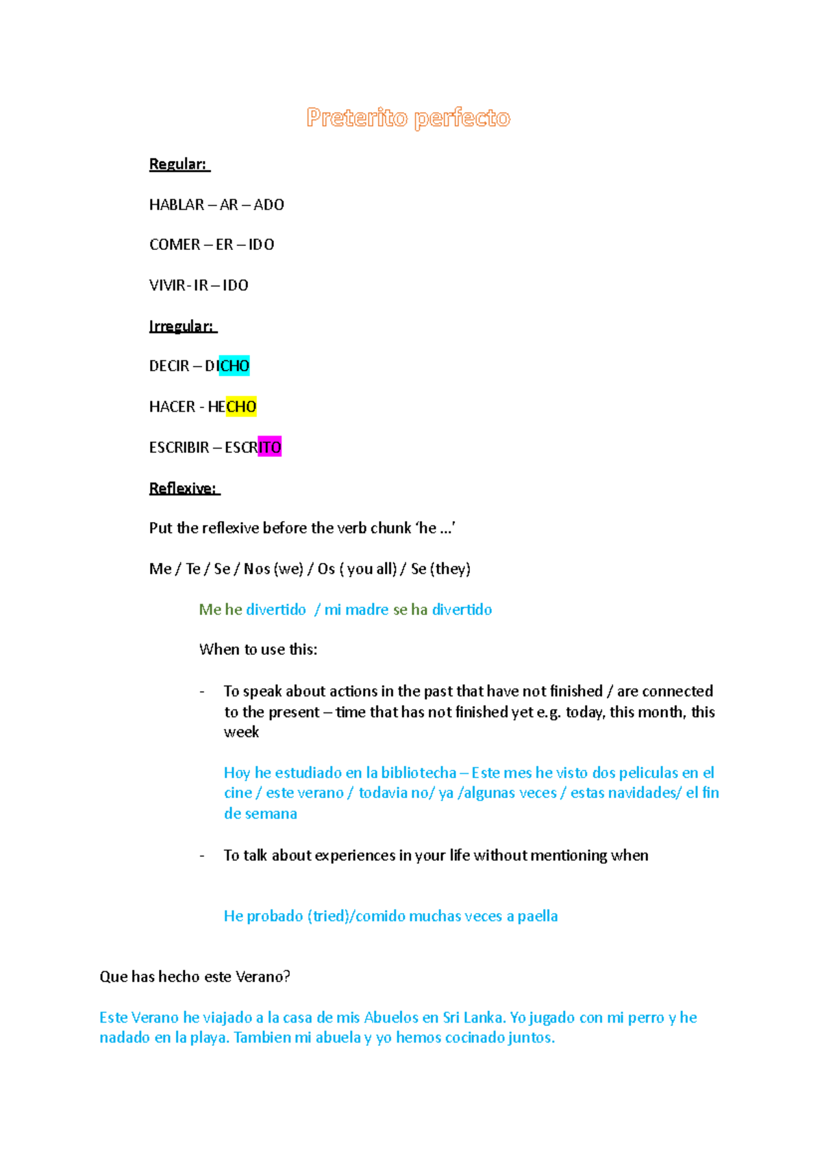 Spanish level 3 - Preterito perfecto Regular: HABLAR – AR – ADO COMER ...