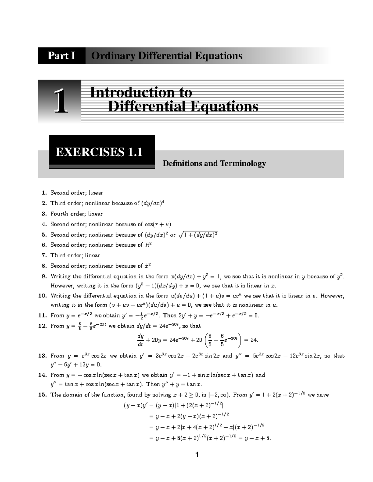 CH01 - CH01答案 - Part I Ordinary Differential Equations 11 Introduction to Differential Equations ...