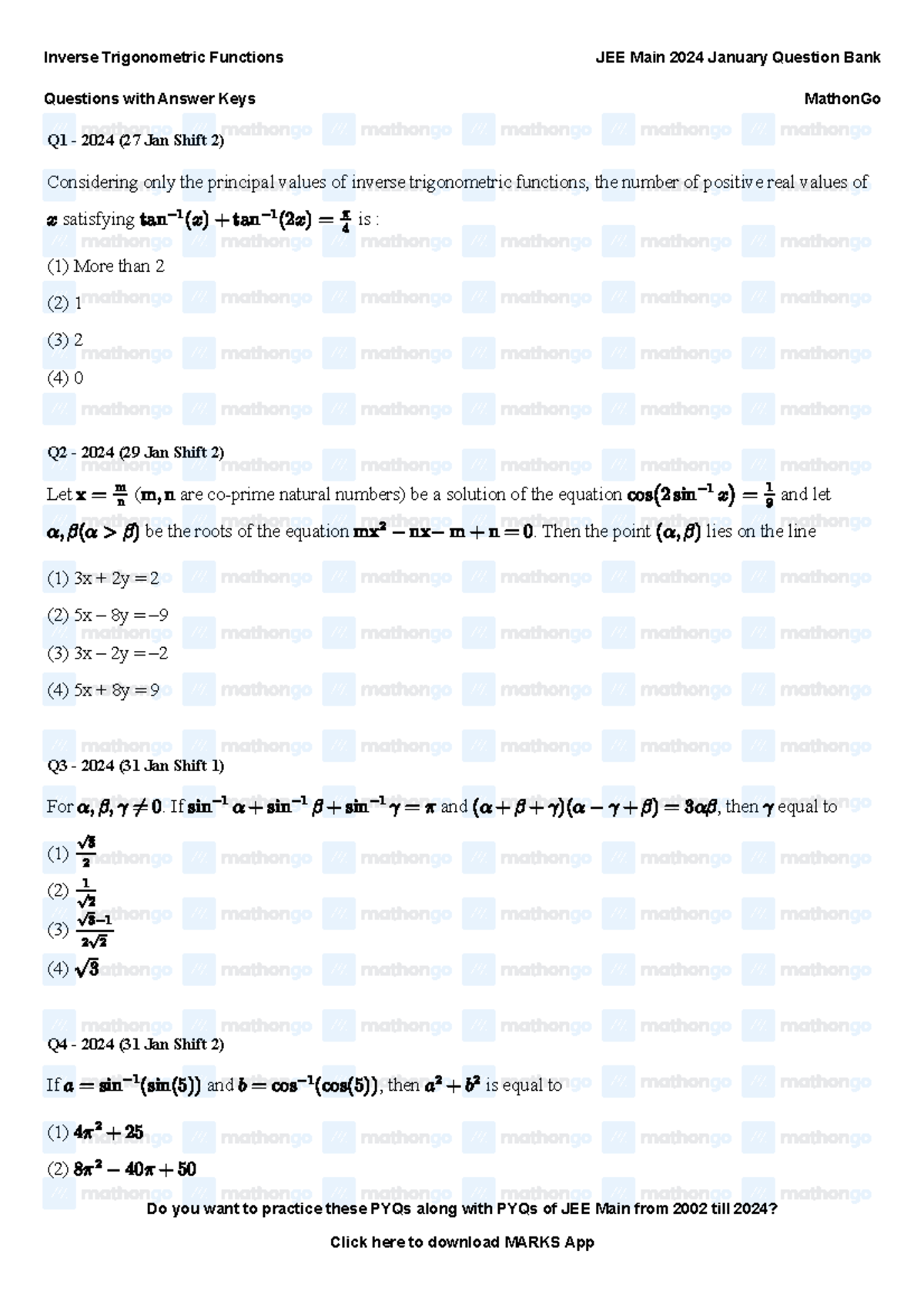Inverse Trigonometric Functions - JEE Main 2024 January Question Bank ...