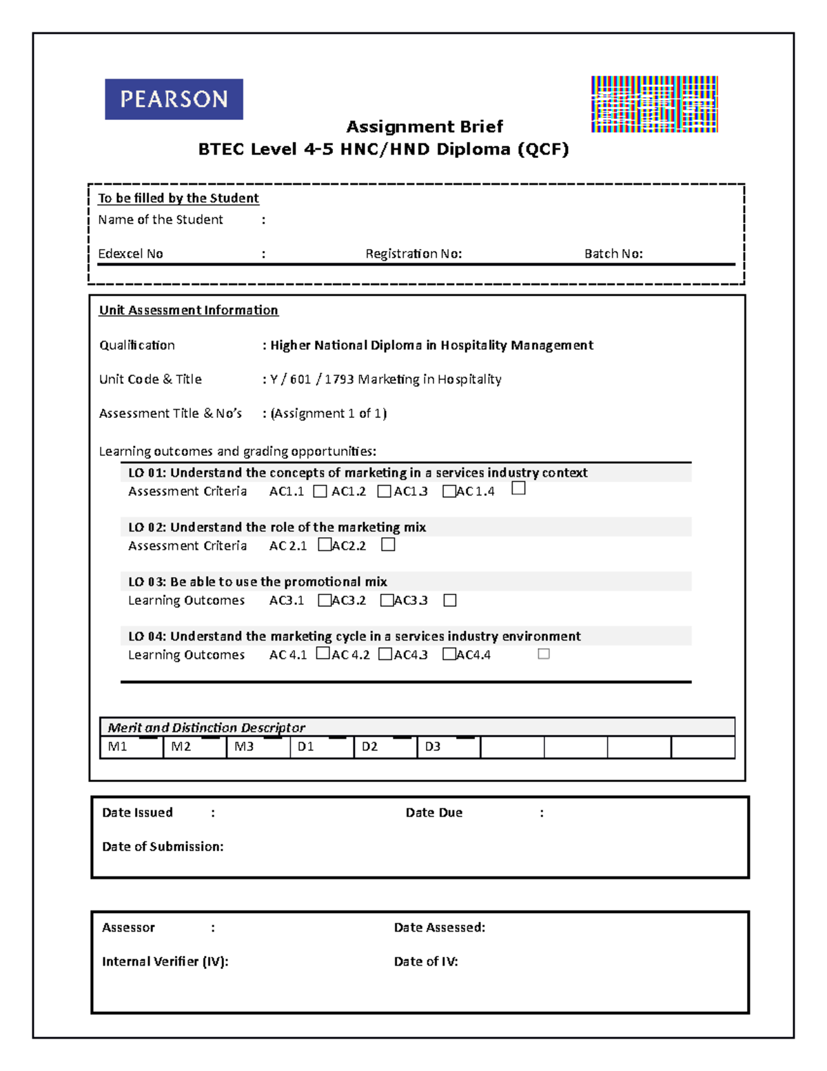 Assignment Brief MHM - 1111 - Assignment Brief BTEC Level 4-5 HNC/HND Diploma (QCF) To be filled ...