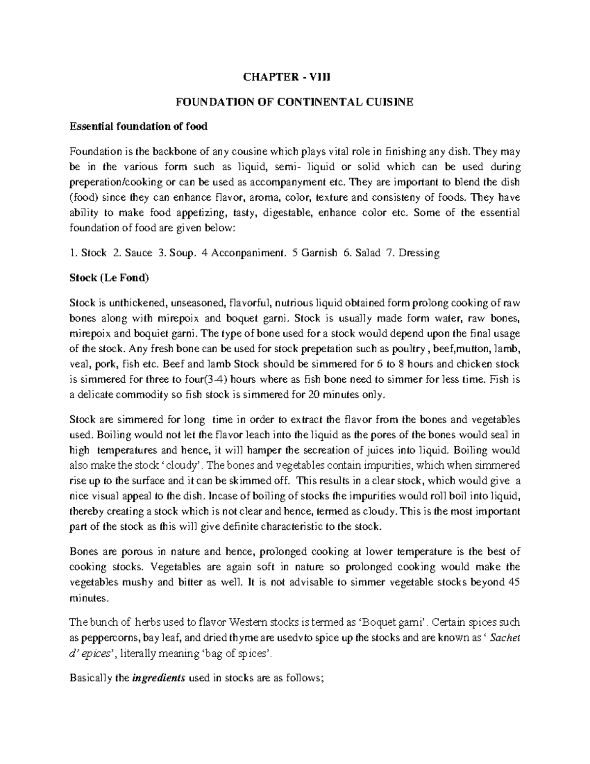 Foundation of Cooking - CHAPTER - VIII FOUNDATION OF CONTINENTAL ...