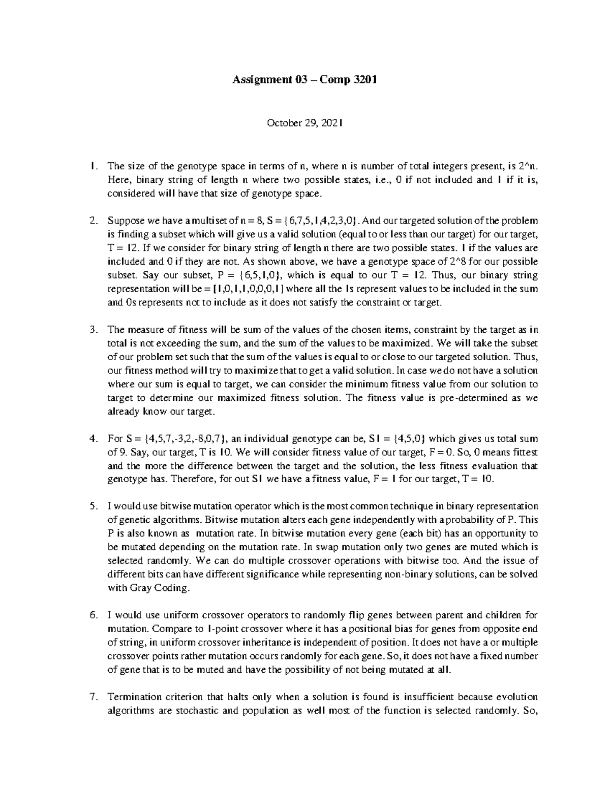 A3 - assignment solution sample - Assignment 03 – Comp 3201 October 29 ...