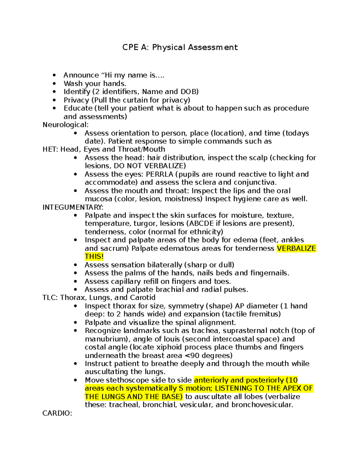 CPE A Script - CPE A: Physical Assessment Announce “Hi my name is ...