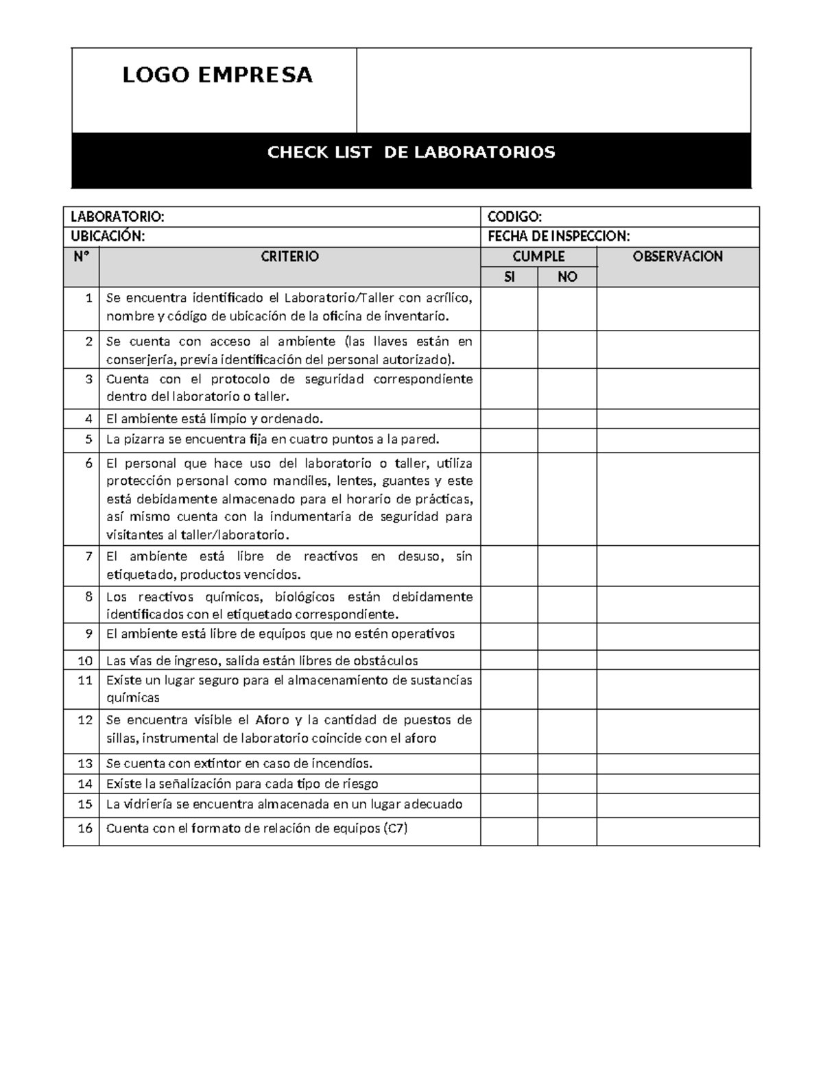Check List de Laboratorios - LOGO EMPRESA CHECK LIST DE LABORATORIOS LABORATORIO: CODIGO ...
