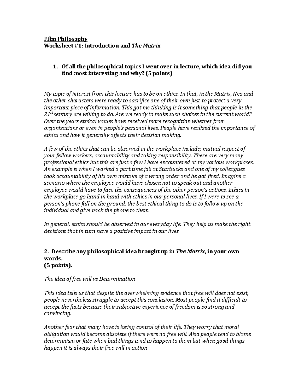 Worksheet #1 - Study materials - Film Philosophy Worksheet #1 ...