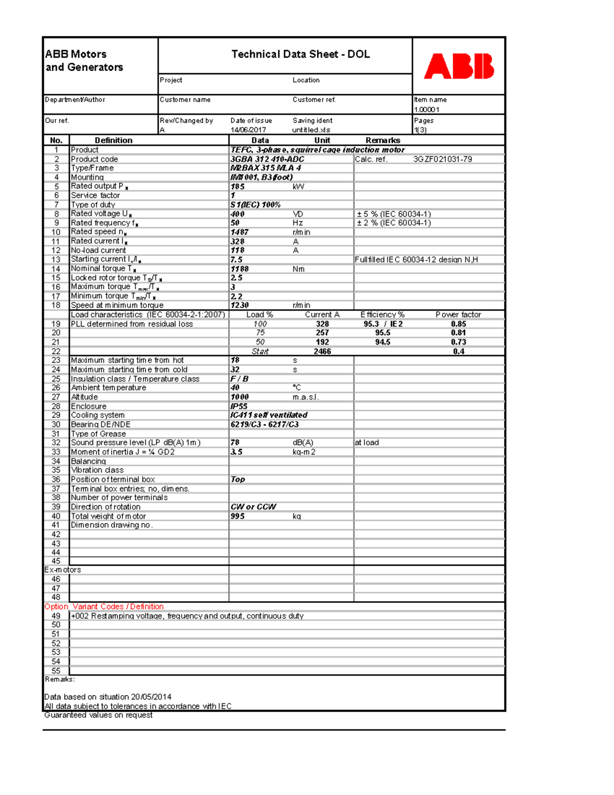 ABB Motors Technical Data Sheet DOL and - Item name 1. Our ref. Rev ...