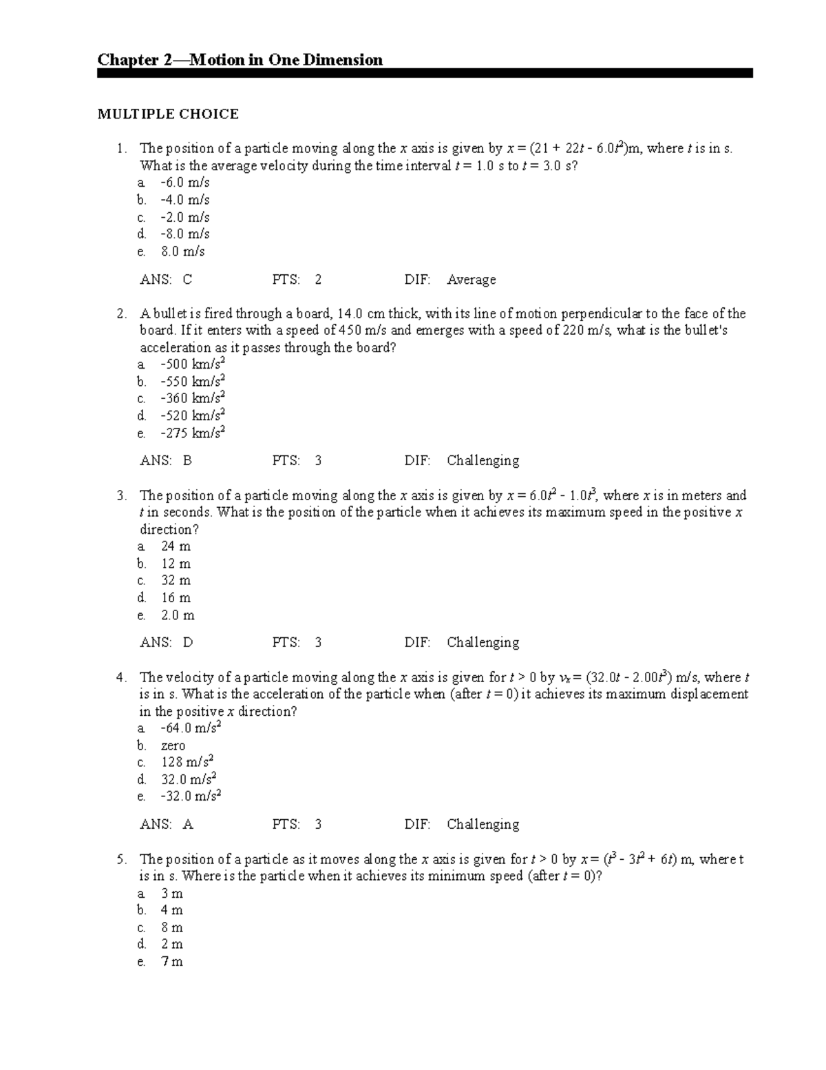 phys 205 chapter 2 - Chapter 2—Motion in One Dimension MULTIPLE CHOICE ...