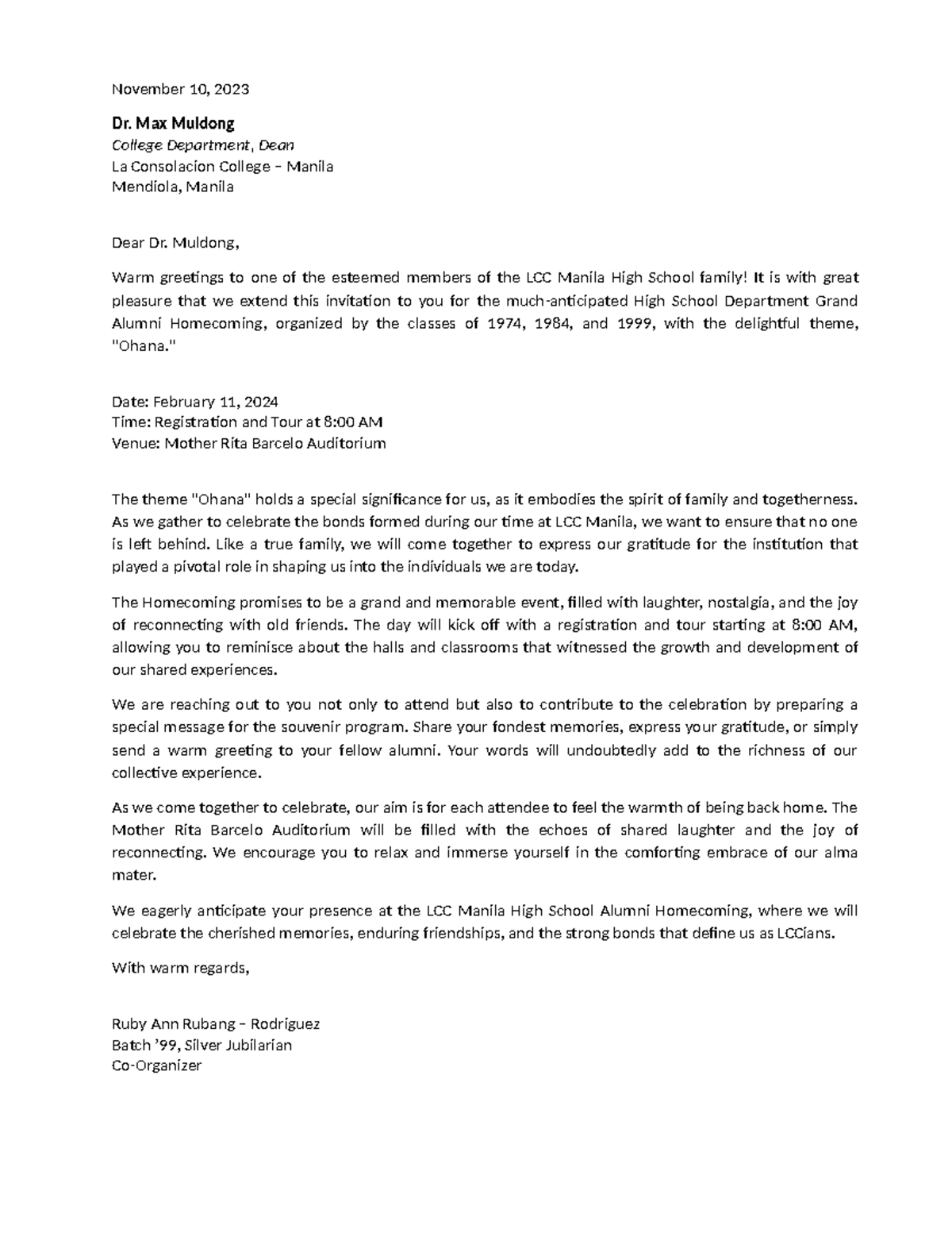 LCC College Dean - Letters for alumni homecoming - November 10, 2023 Dr ...