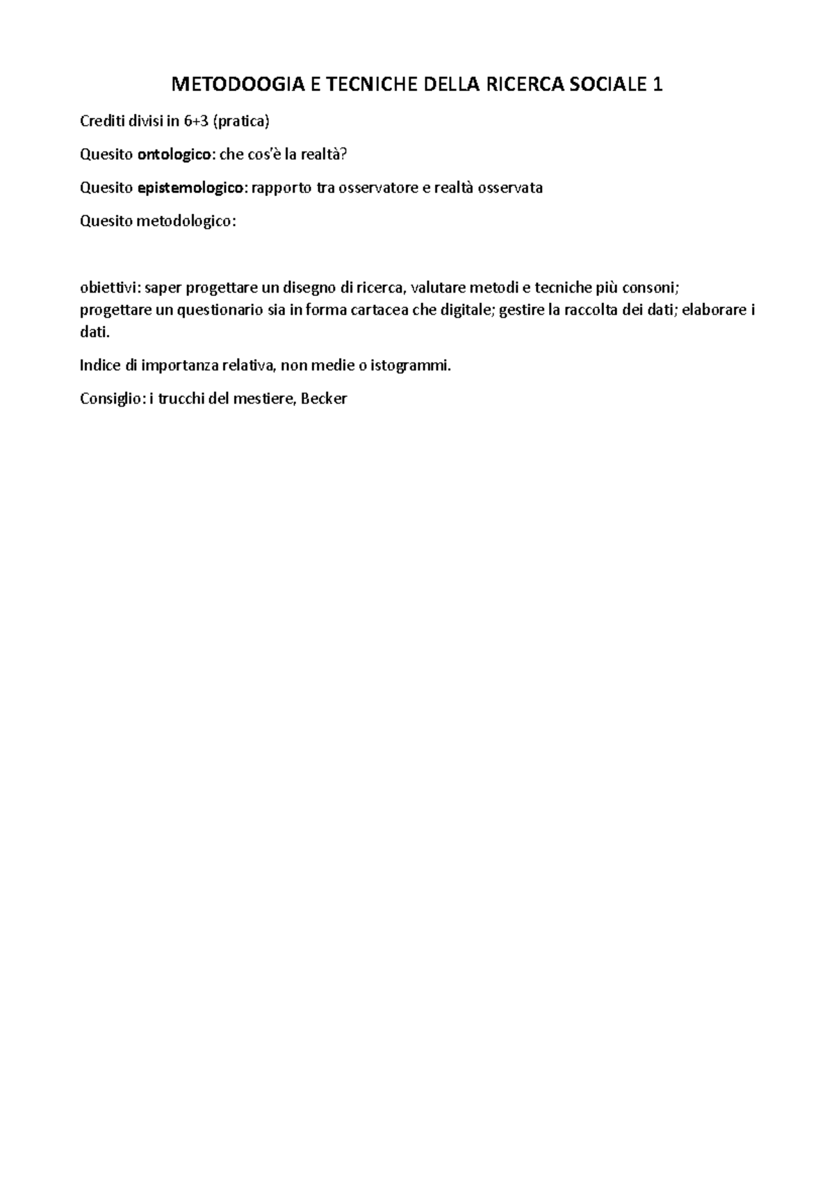 Metodoogia E Tecniche Della Ricerca Sociale 1 - METODOOGIA E TECNICHE ...