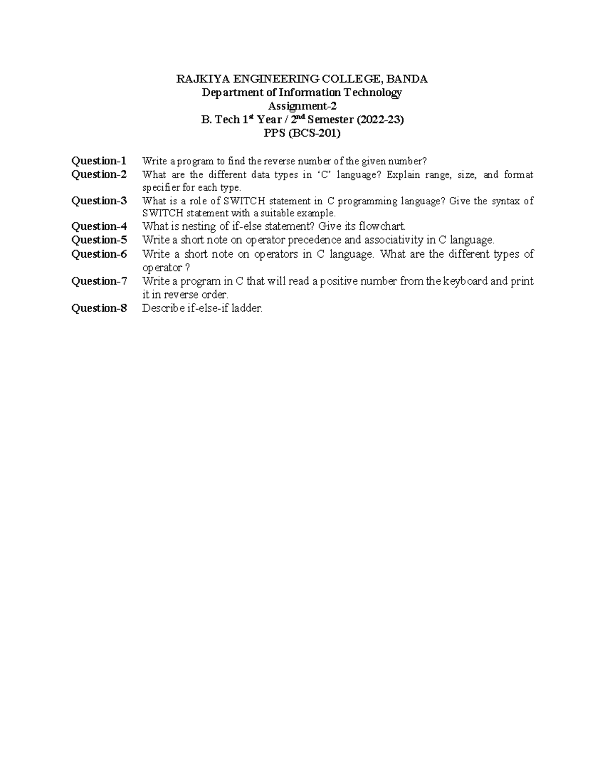 Pps assignment 2 - pps notes also available - RAJKIYA ENGINEERING ...