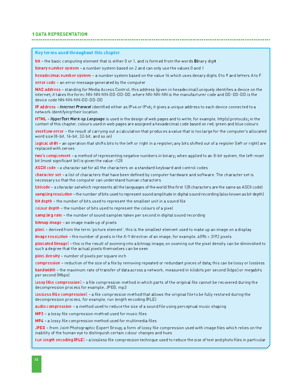 PDF document - Summary Computer Science - 40 1 DATA REPRESENTATION Key ...