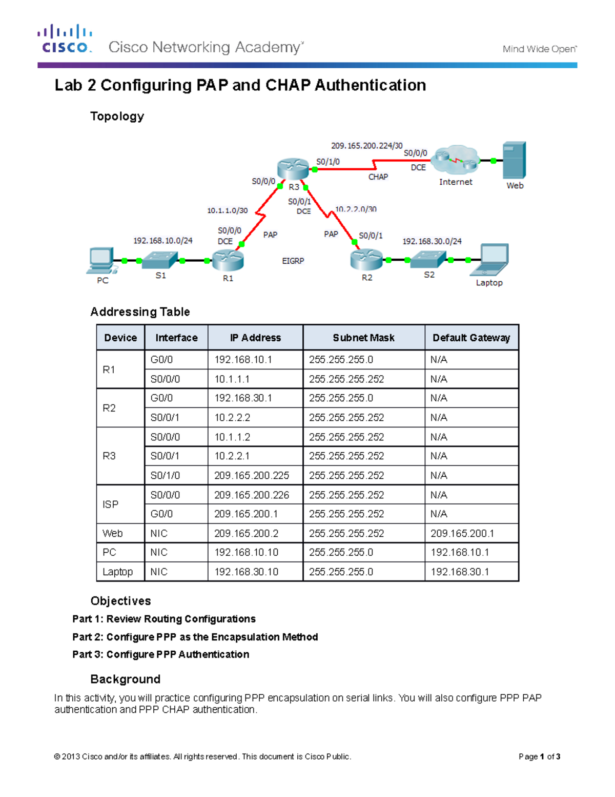 Lab2 - qweqwe - Lab 2 Configuring PAP and CHAP Authentication Topology Addressing Table Device ...