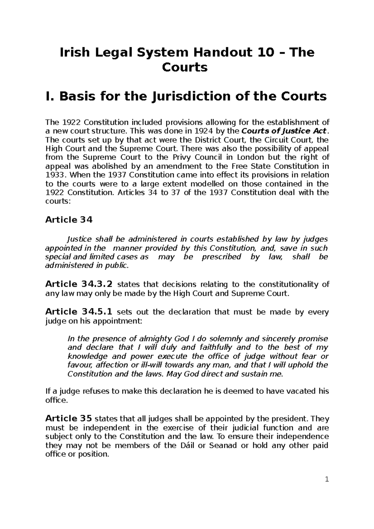 ILS courts handout 15 - Irish Legal Systems - Irish Legal System ...