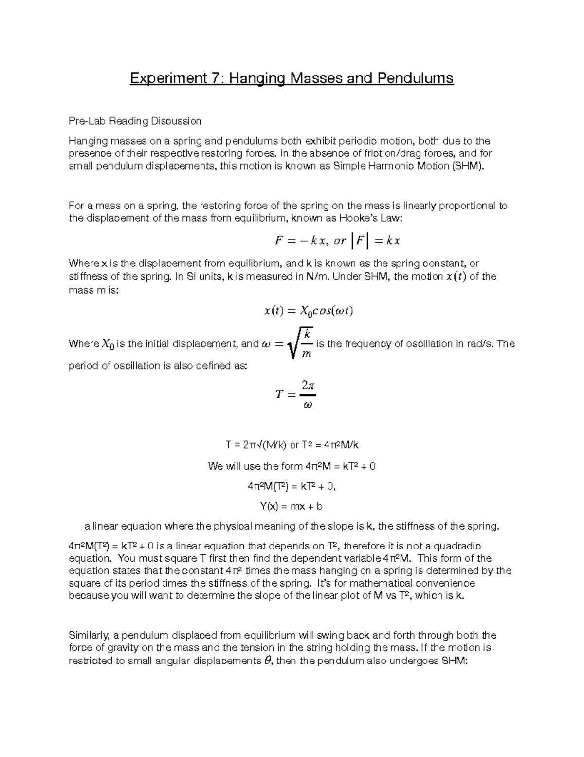Physics 110 Lab 9 - Experiment 7: Hanging Masses and Pendulums ...