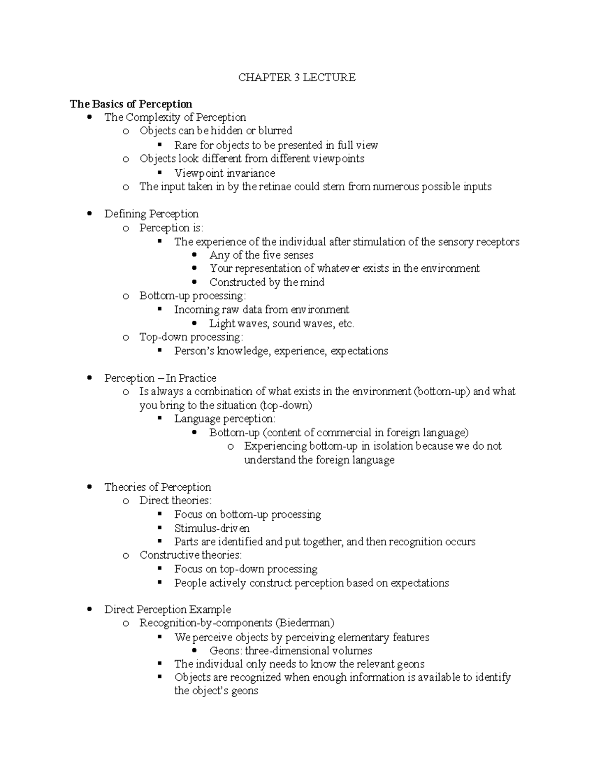 Chapter 3 and 4 Lectures - CHAPTER 3 LECTURE The Basics of Perception ...