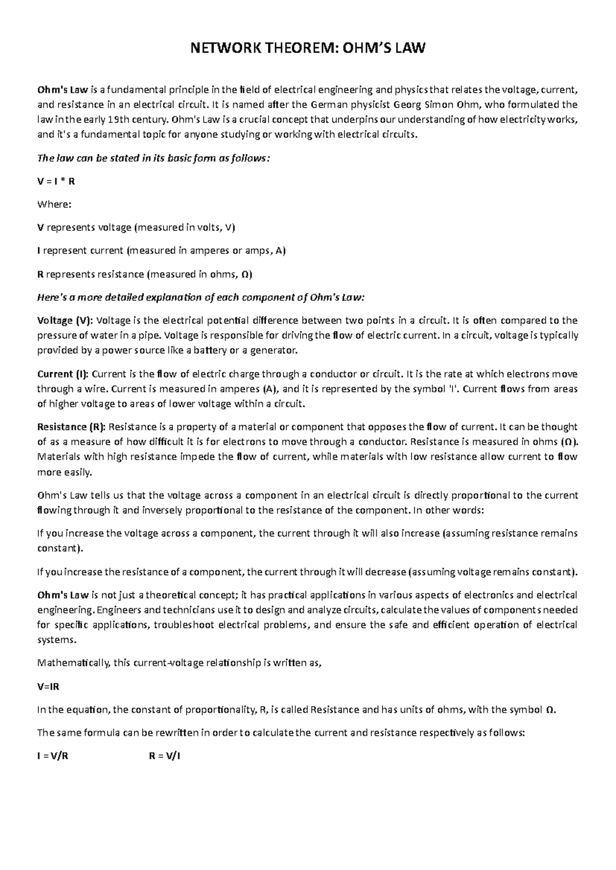 Network Theorem - maganda ito - NETWORK THEOREM: OHM’S LAW Ohm's Law is ...