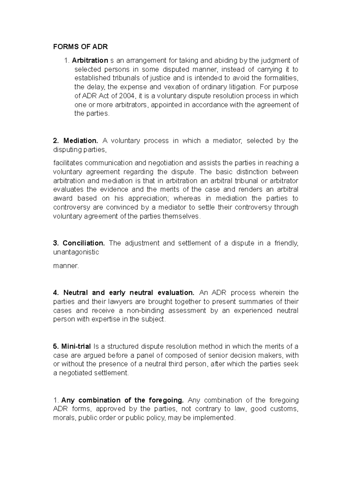 Topic 2- Forms OF ADR - Lecture notes 2 - FORMS OF ADR Arbitration s an ...