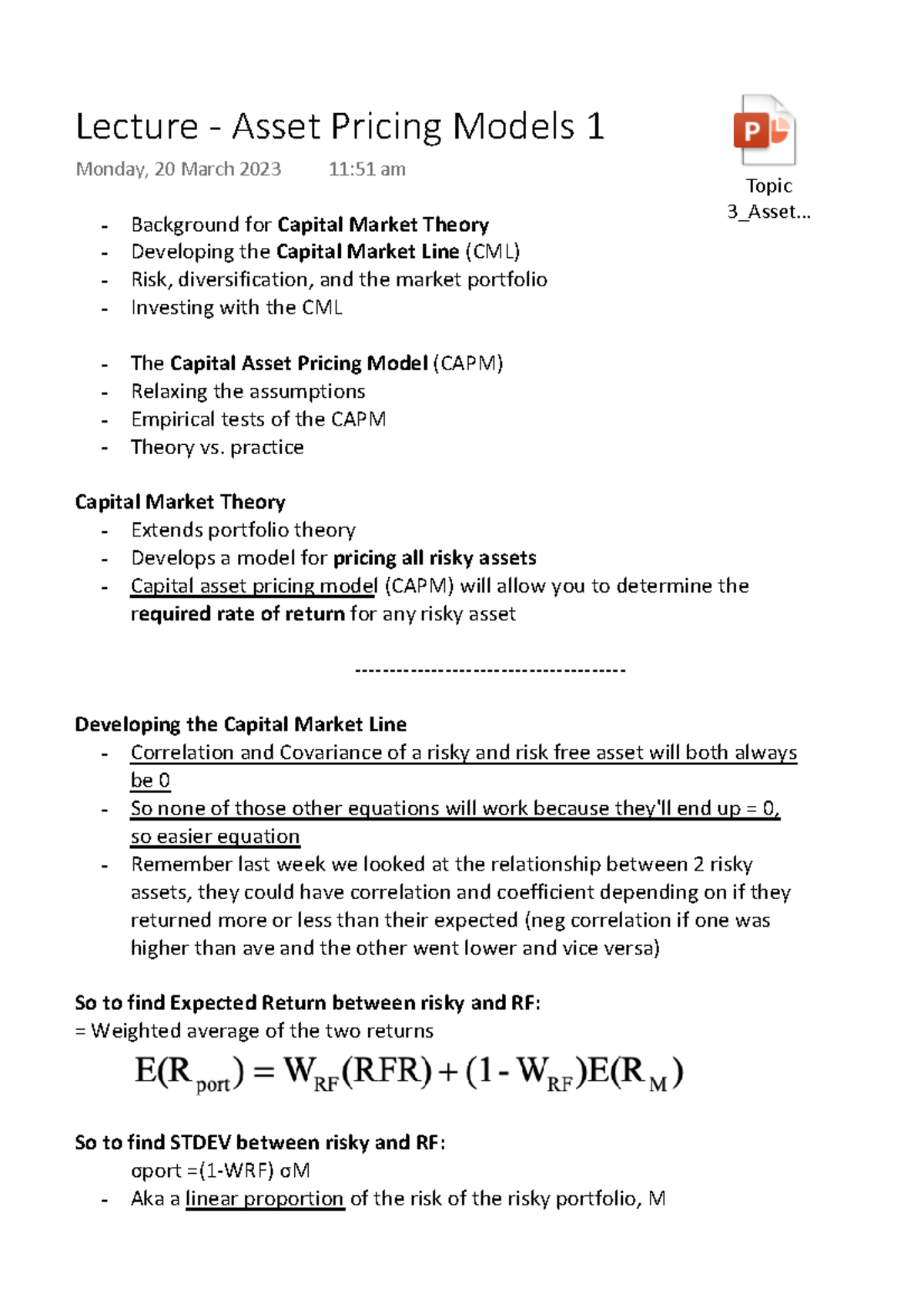 Lecture - Asset Pricing Models 1 - Background for Capital Market Theory ...
