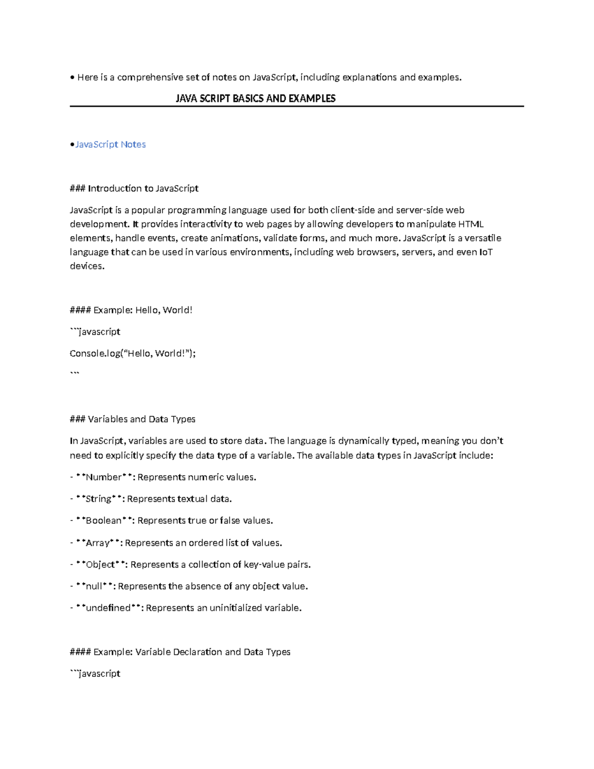 Notes For Java Script Basics Here Is A Comprehensive Set Of Notes On 3163