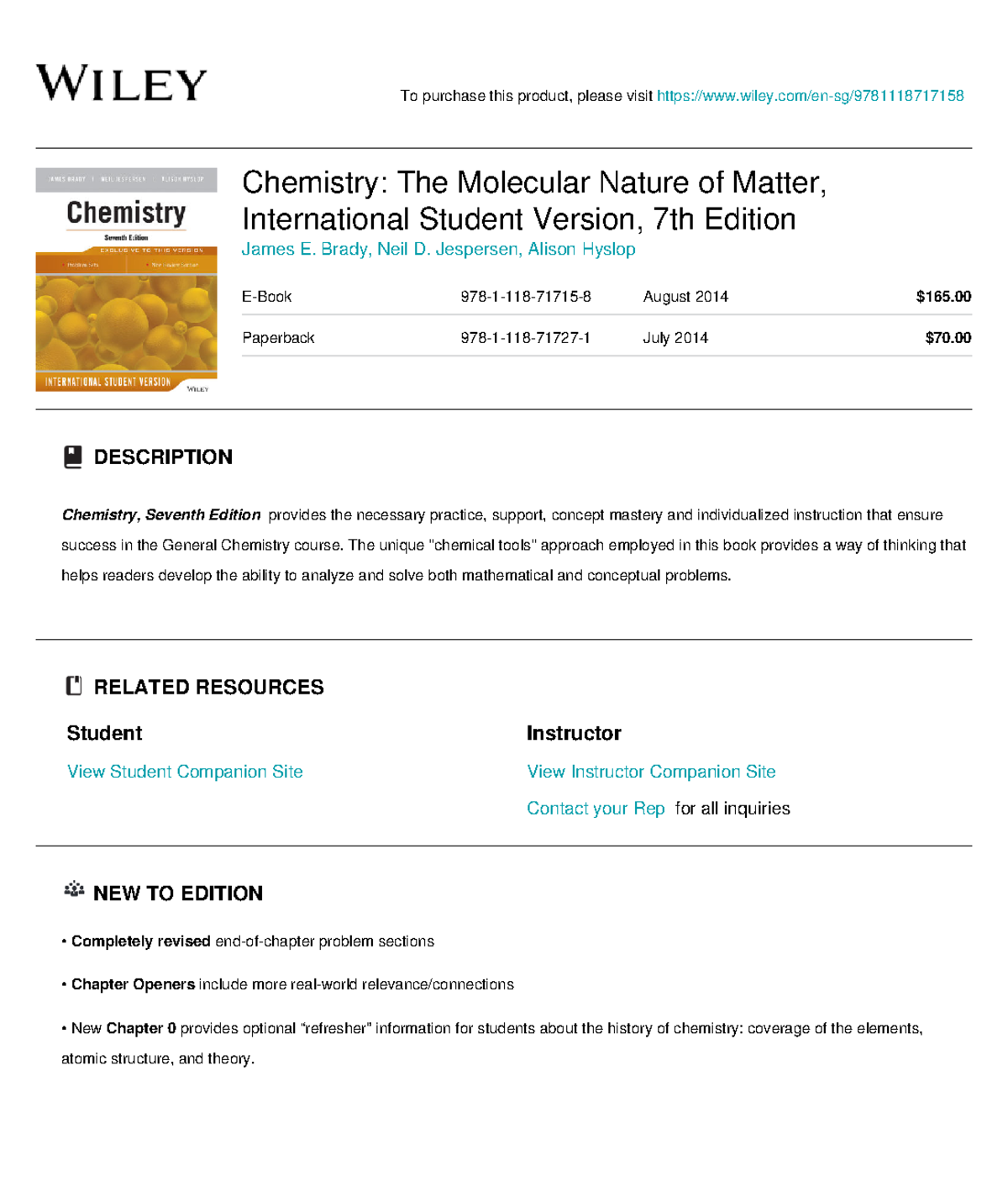 Wiley Chemistry The Molecular Nature of Matter, International Student ...