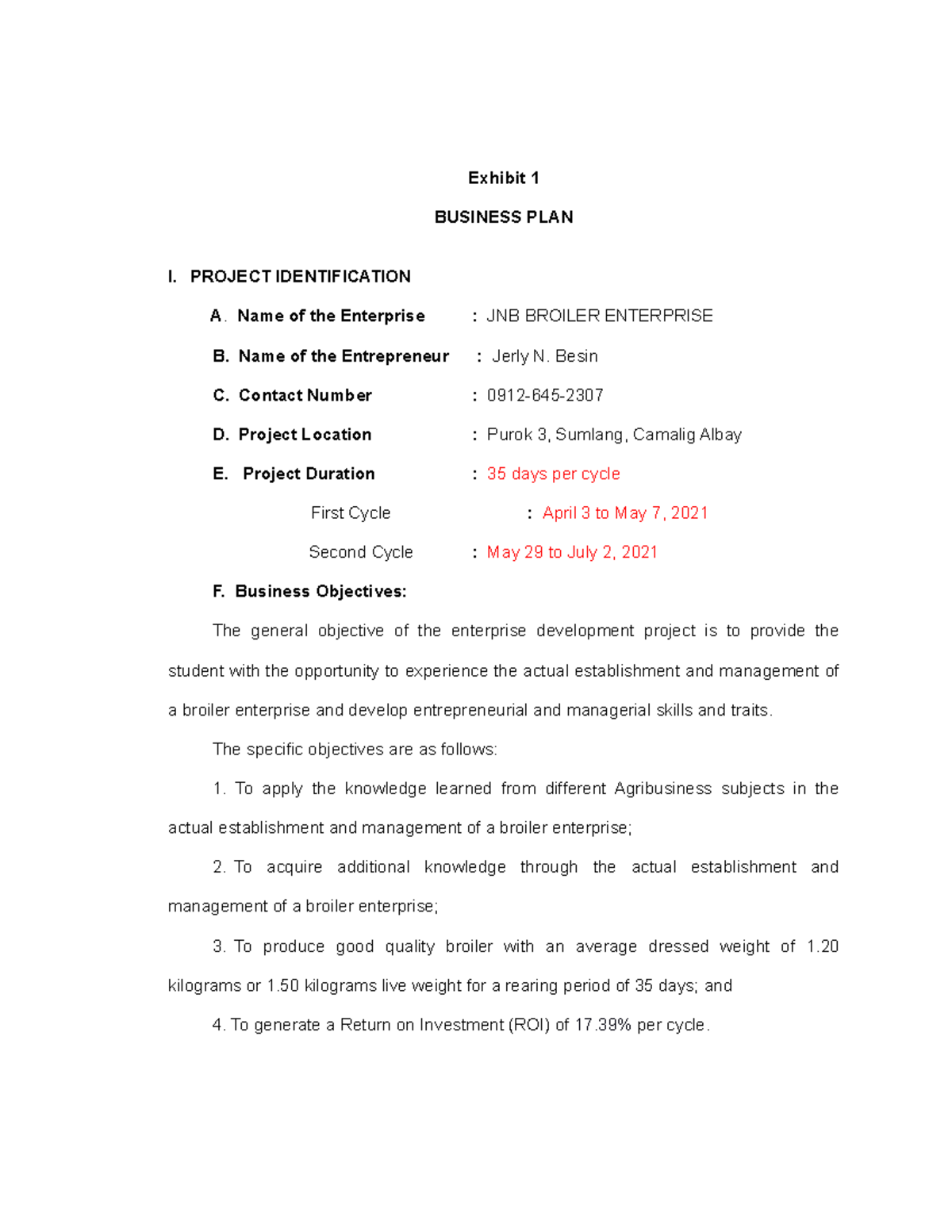 Business-Plan-Template - Exhibit 1 BUSINESS PLAN I. PROJECT ...